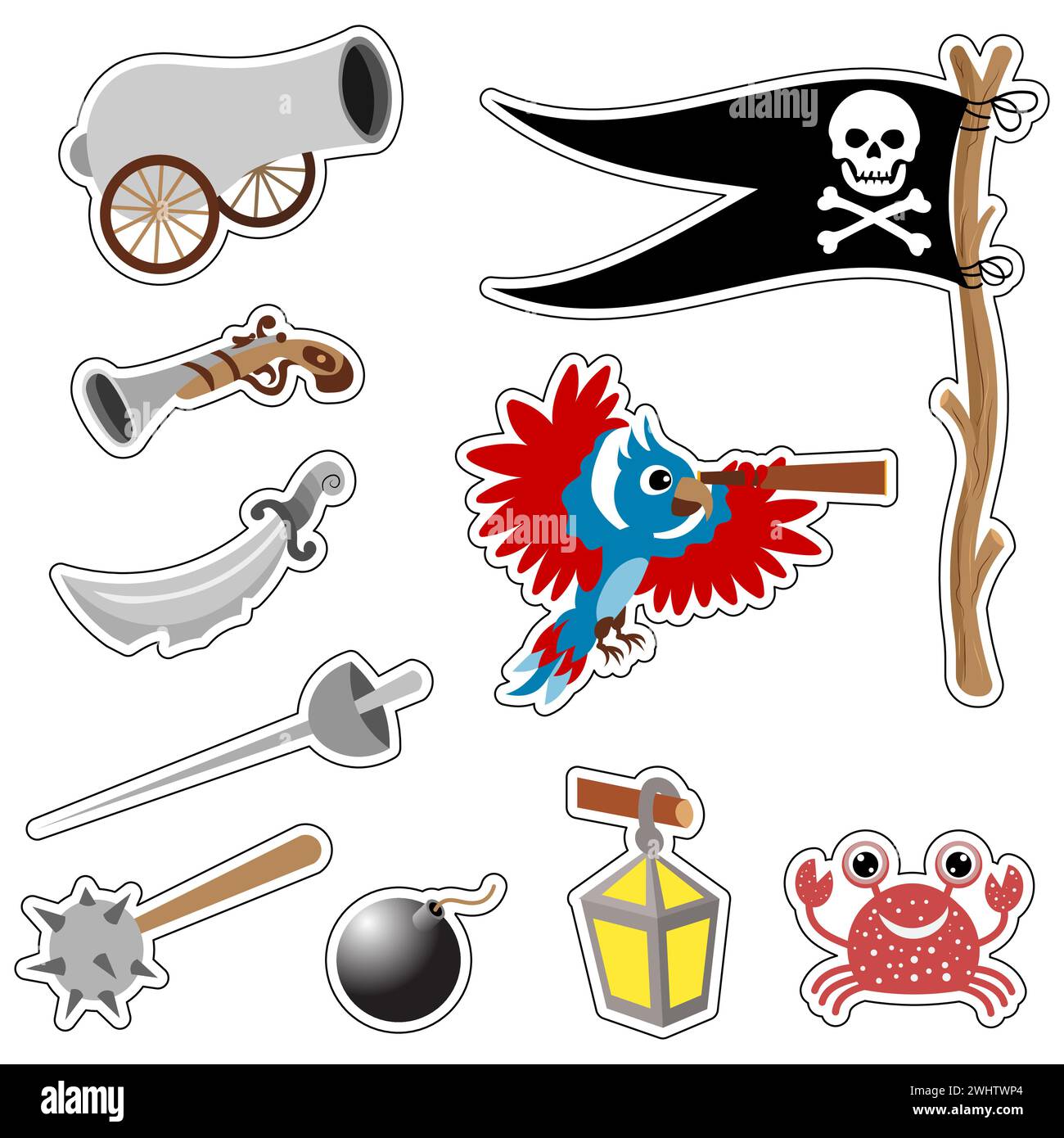 Pirate adventure. Set of Pirates vector cartoon stickers. Parrot, flag ...