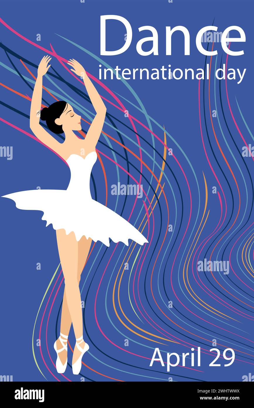 Dance Day. Ballerina in white and waves on a blue background. Design ...