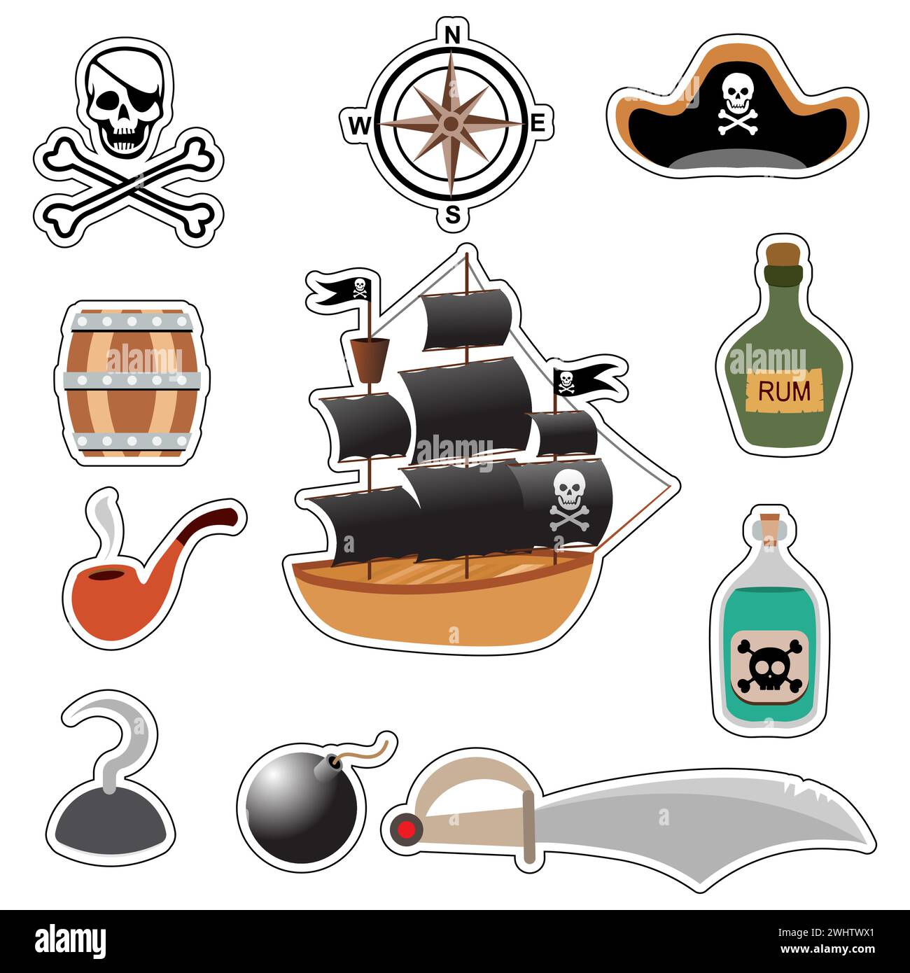Pirate adventure. Set of Pirates vector cartoon stickers. Ship, barrel ...