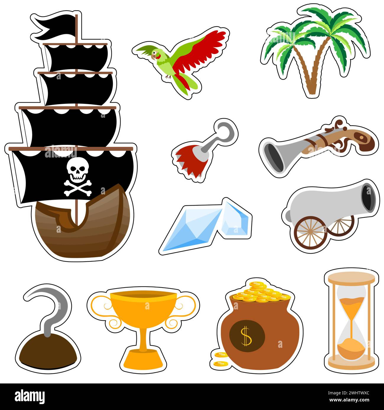 Pirate adventure. Set of Pirates vector cartoon stickers. Ship, parrot ...