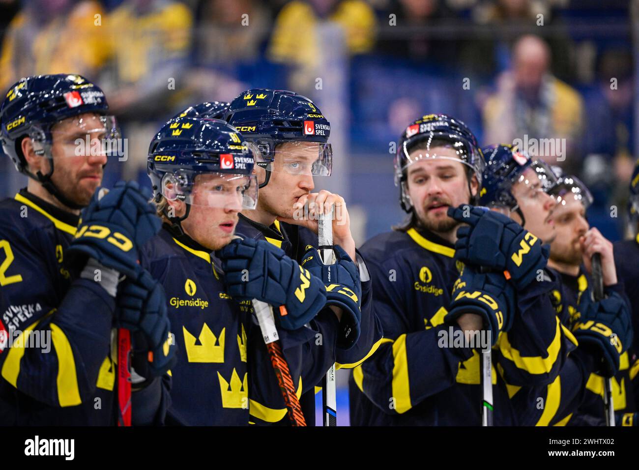 Karlstad, Sweden. 11th Feb, 2024. Swedish players after the loss in Sunday's ice hockey match in ...