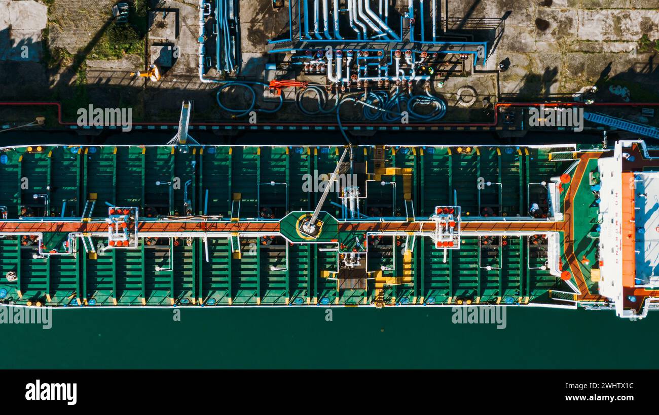 Directly above view of a tanker ship's open compartments, highlighting ...