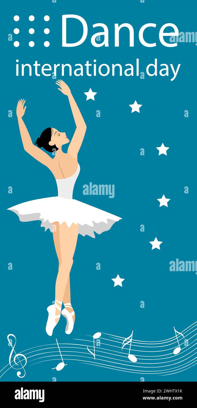 International Dance Day. Ballet dancer and white stars on a blue ...