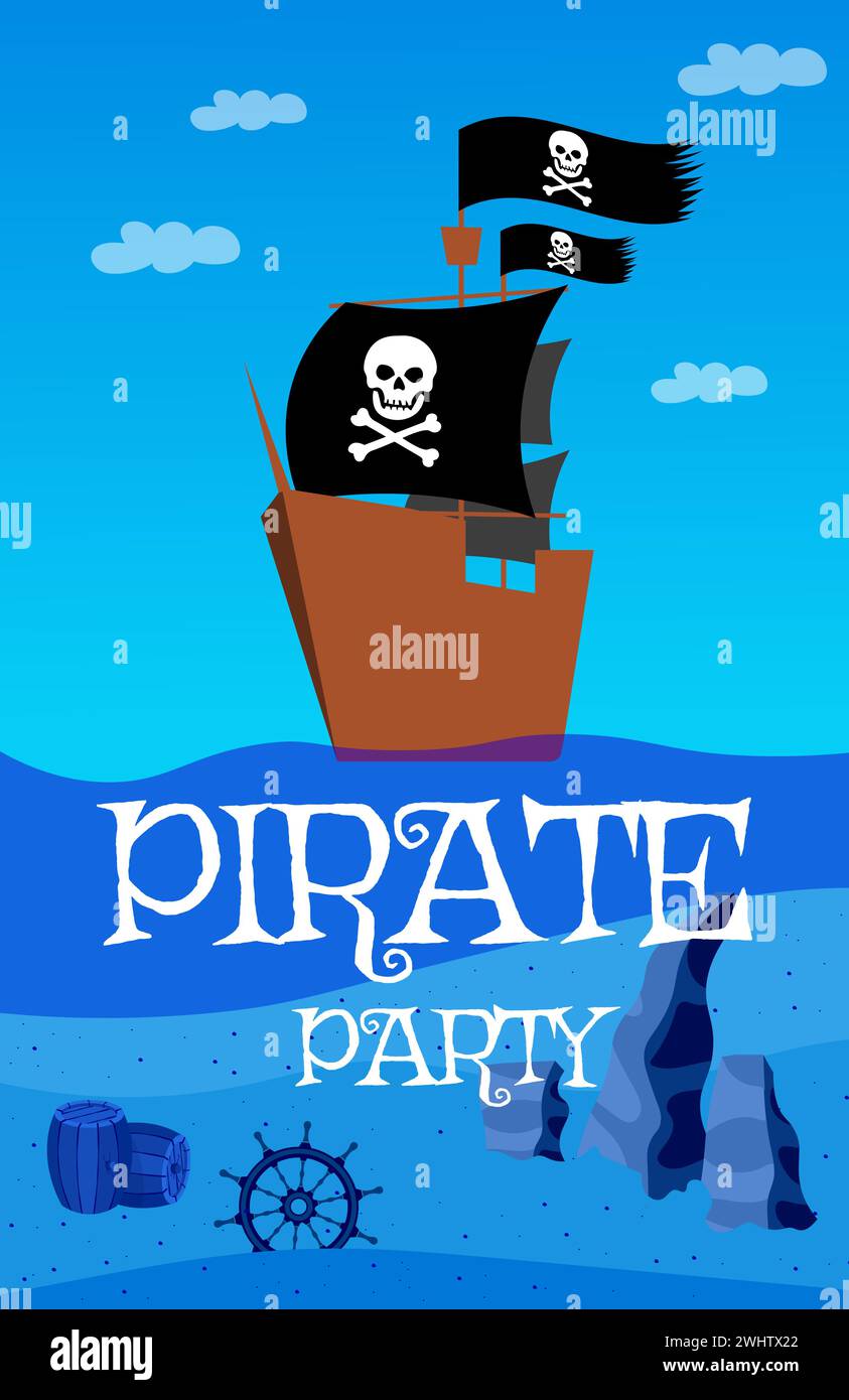 Pirate adventure. Poster invitation to a pirate party. A pirate ship ...