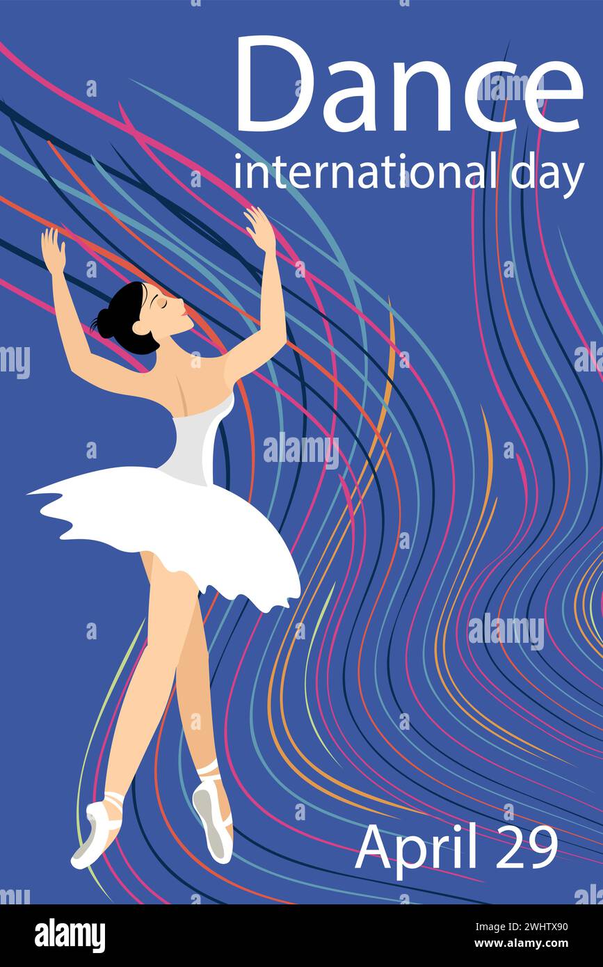 Dance Day. Ballet dancer in white and waves on a blue background ...