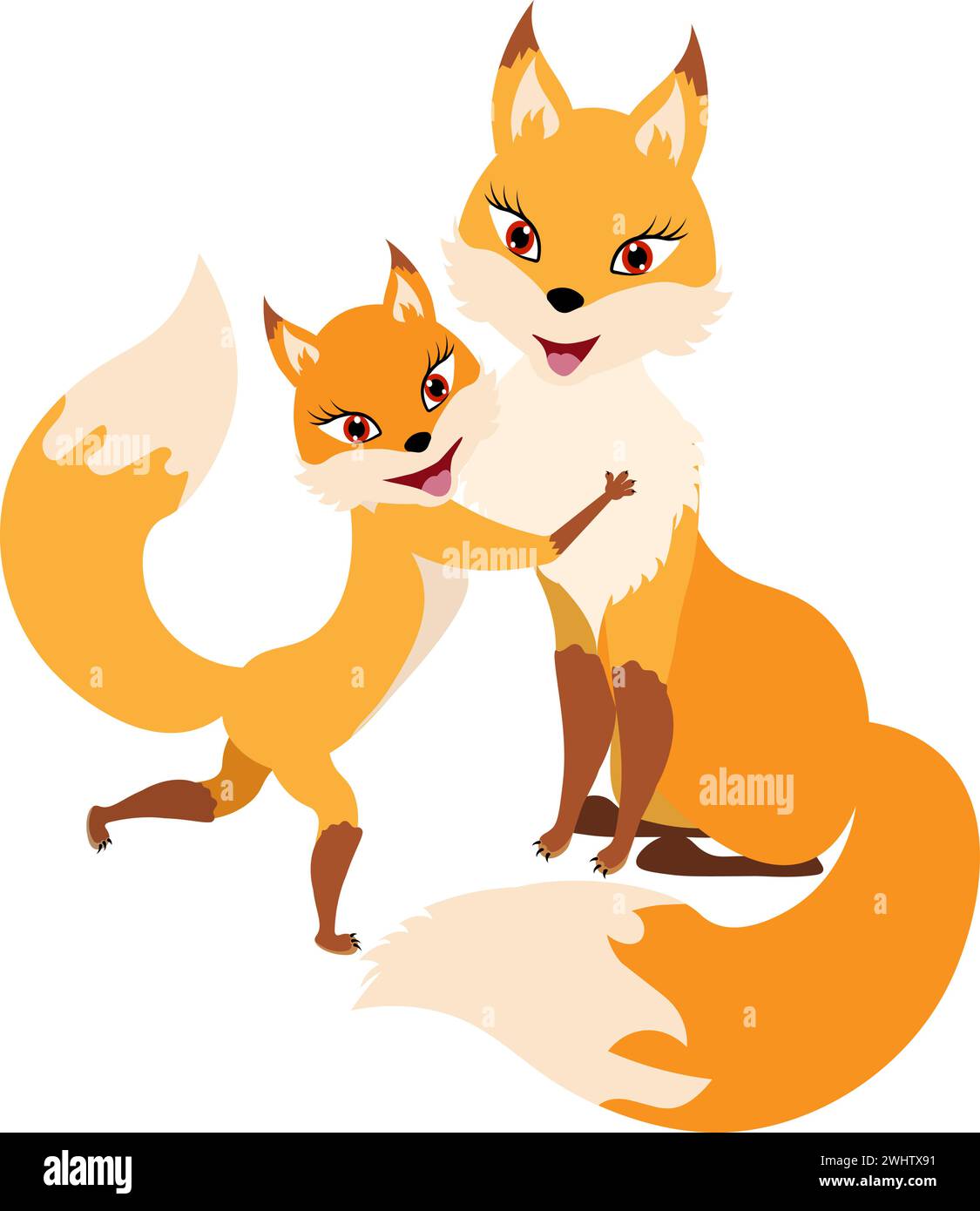 Funny red fox collection. A little fox cub hugs his mother fox. Emotion ...