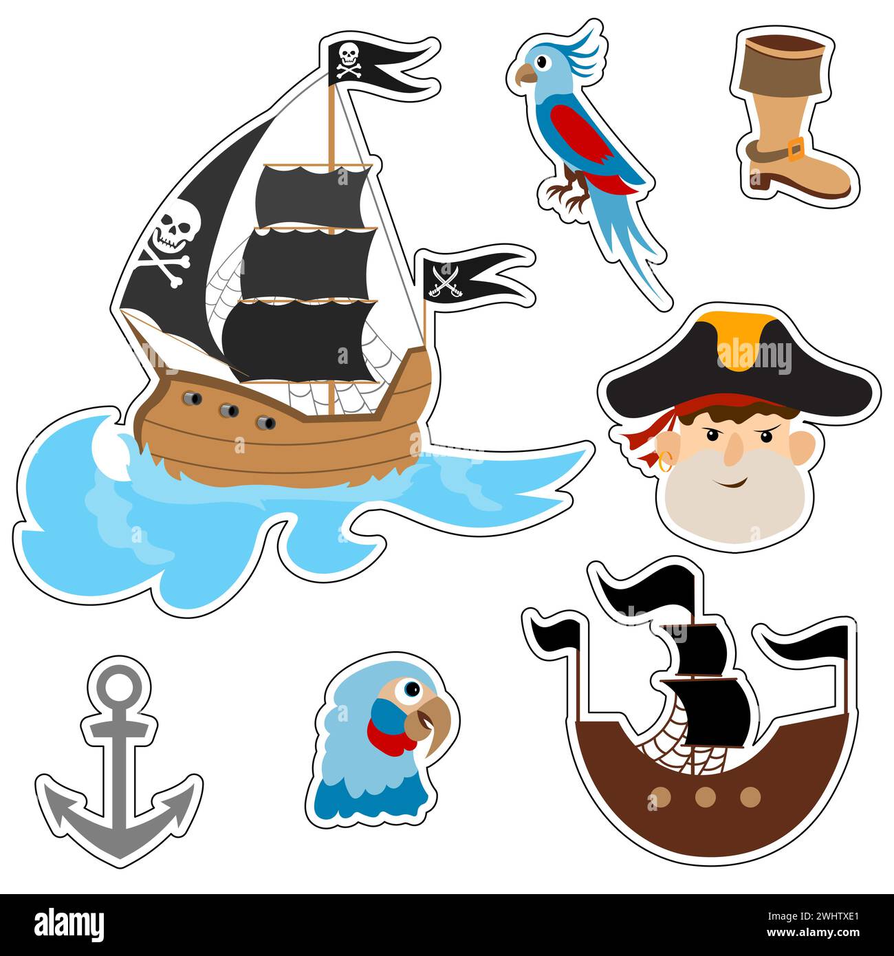 Pirate adventure. Set of Pirates vector cartoon stickers. Ship, waves ...