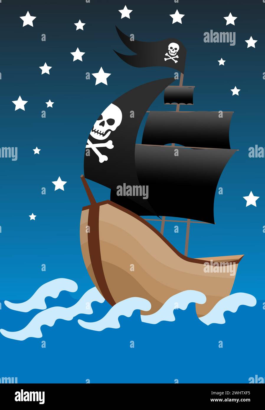 Pirate adventure. A pirate ship sails on the waves at night. Pirates ...