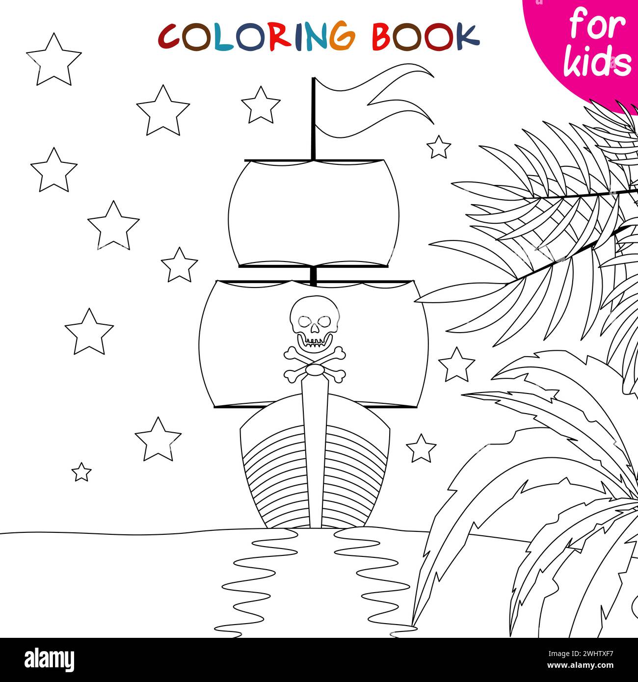 Pirate adventure. Pirate ship in the night sea. Coloring book page ...