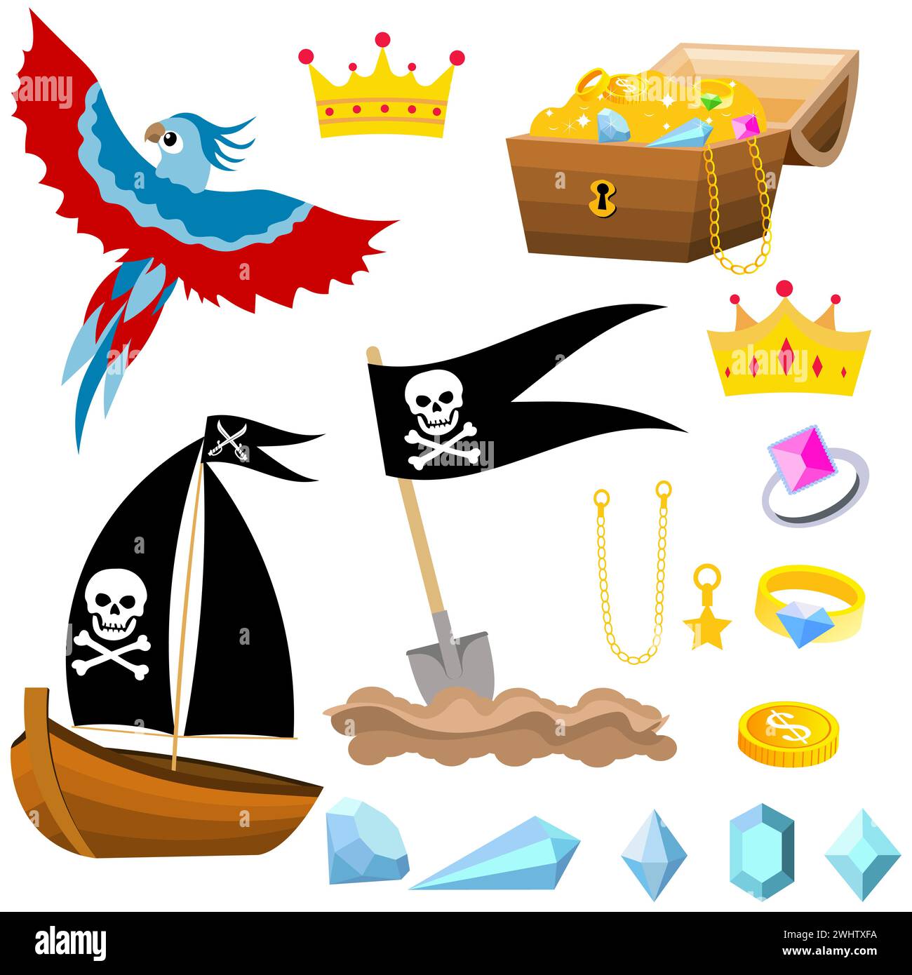 Pirate adventure. Pirate set with ship, parrot, chest, shovel and ...