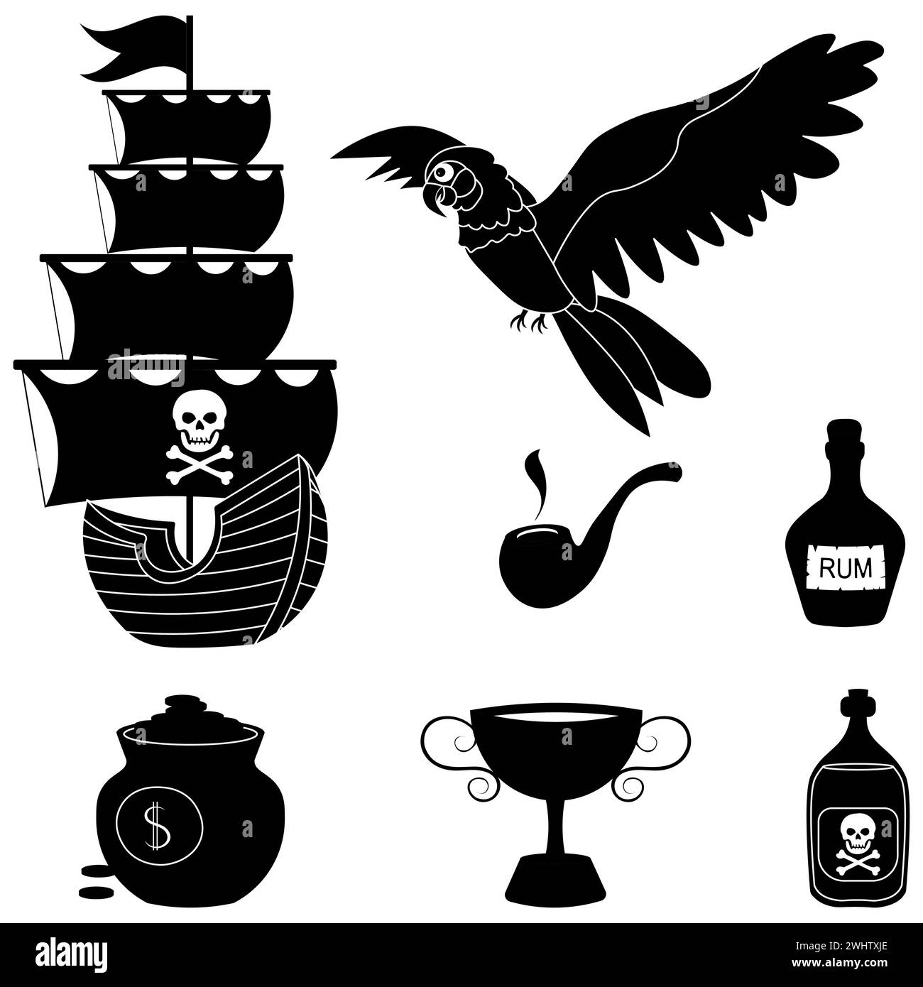 Pirate adventure. Set of vector pirate silhouettes. Ship, parrot, rum ...