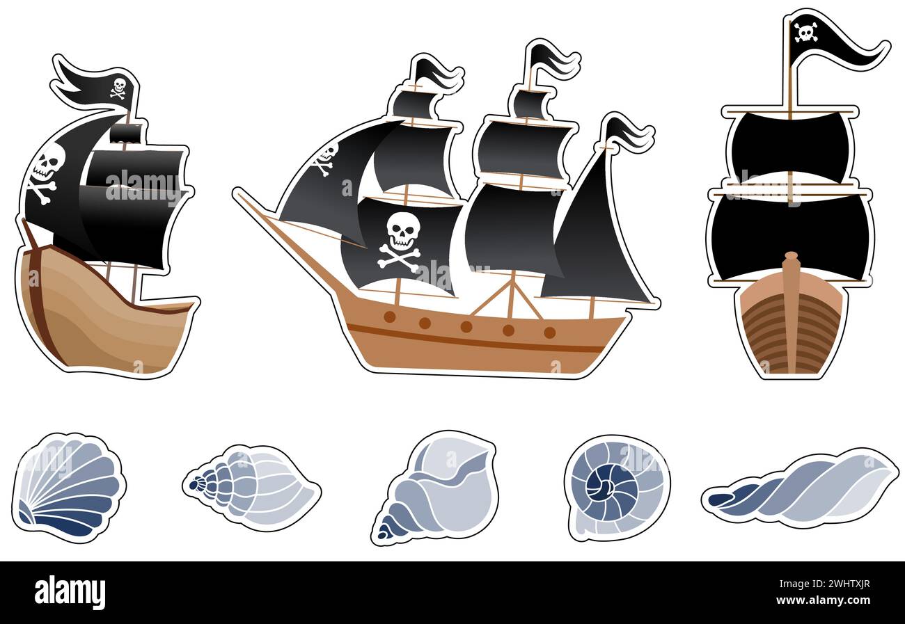 Pirate adventure. Set of Pirates vector cartoon stickers. Pirate ships ...