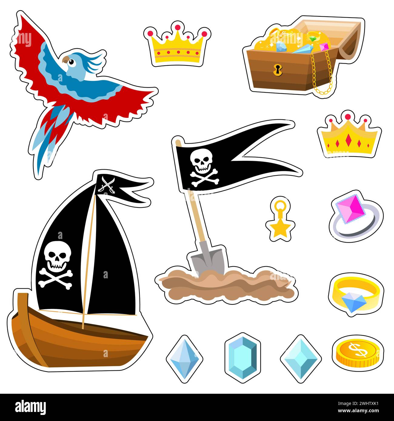 Pirate adventure. Set of Pirates vector cartoon stickers. Boat, shovel ...