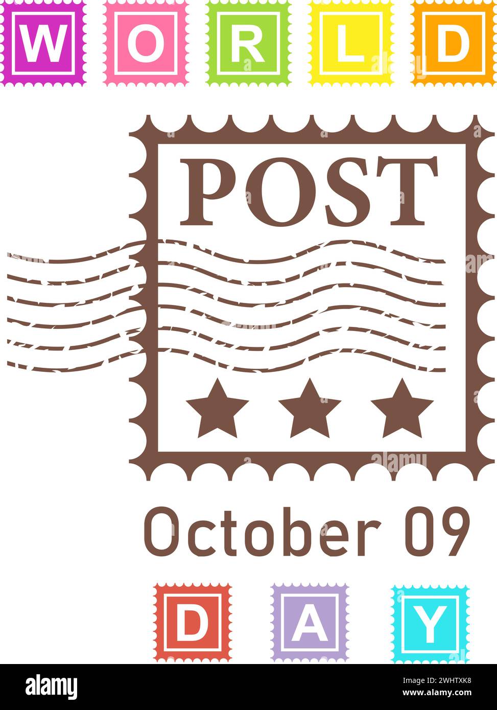World Post Day. Stamps and brown stamp. Mail delivery. Poster, banner ...