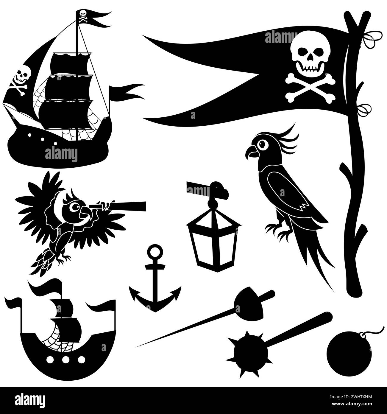 Pirate adventure. Set of vector pirate silhouettes. Ship, flag, parrot ...