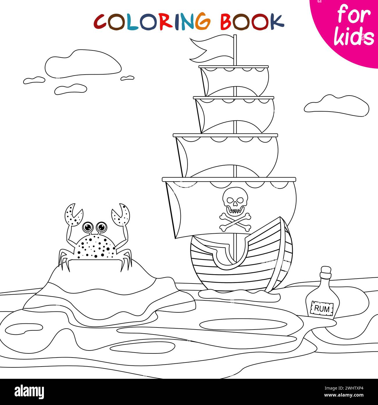 Pirate adventure. A pirate ship next to a crab on a small island ...