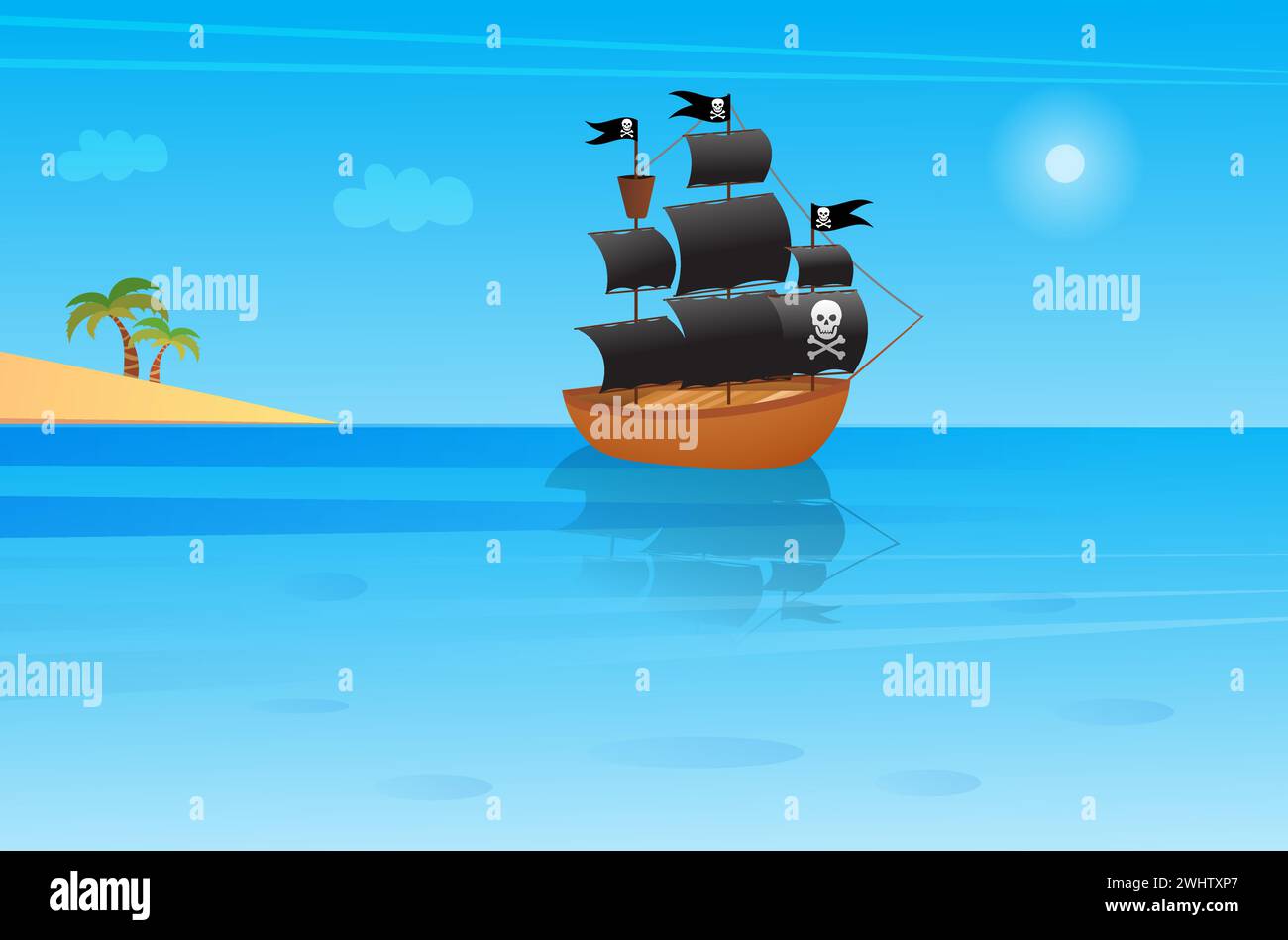 Pirate adventure. A pirate ship sails from a tropical island. Pirates ...