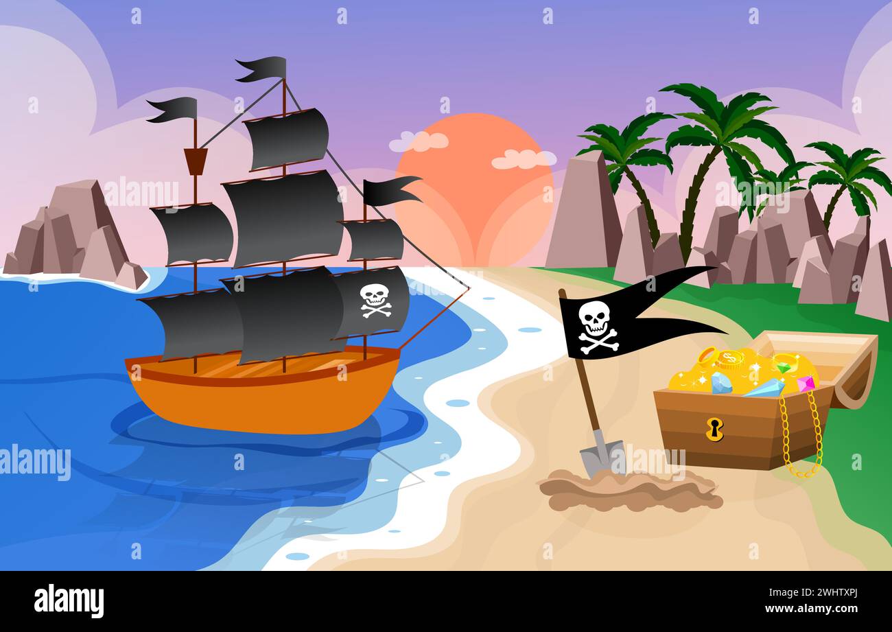 Pirate adventure. Pirate set with a ship, compass, steering wheel ...