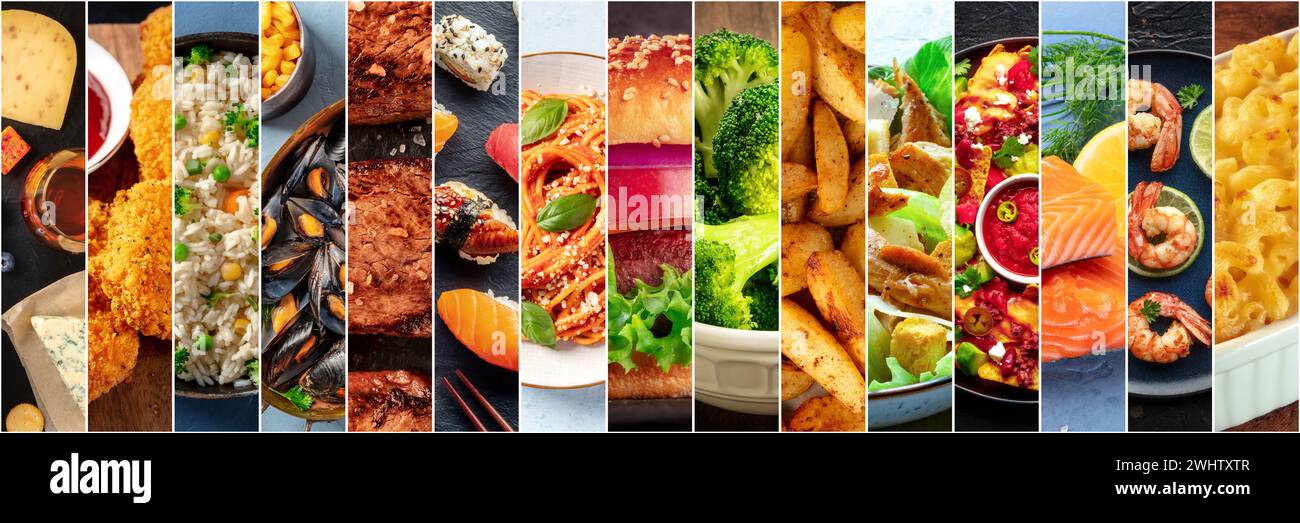 Food collage layout. A variety of dishes, a collection for a restaurant ...