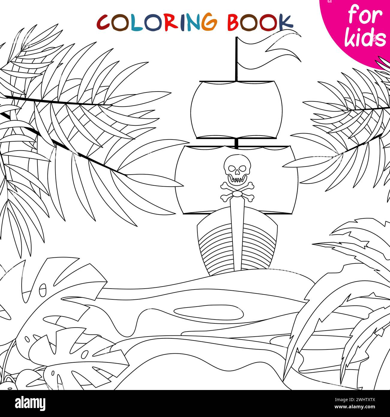 Pirate adventure. A pirate ship is sailing towards the island. Coloring ...