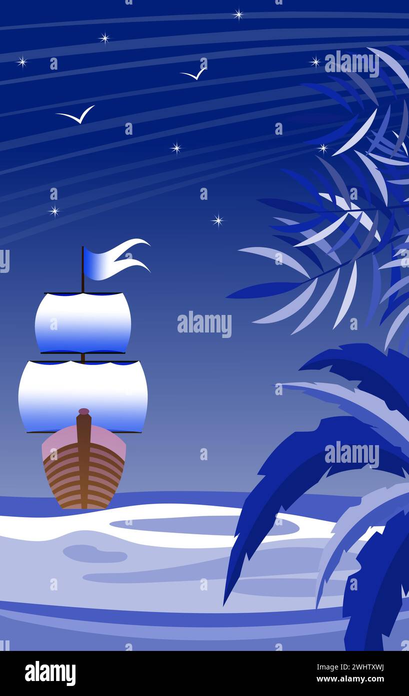 Cartoon sailboat. The ship sails at night. Vector illustration of an ...
