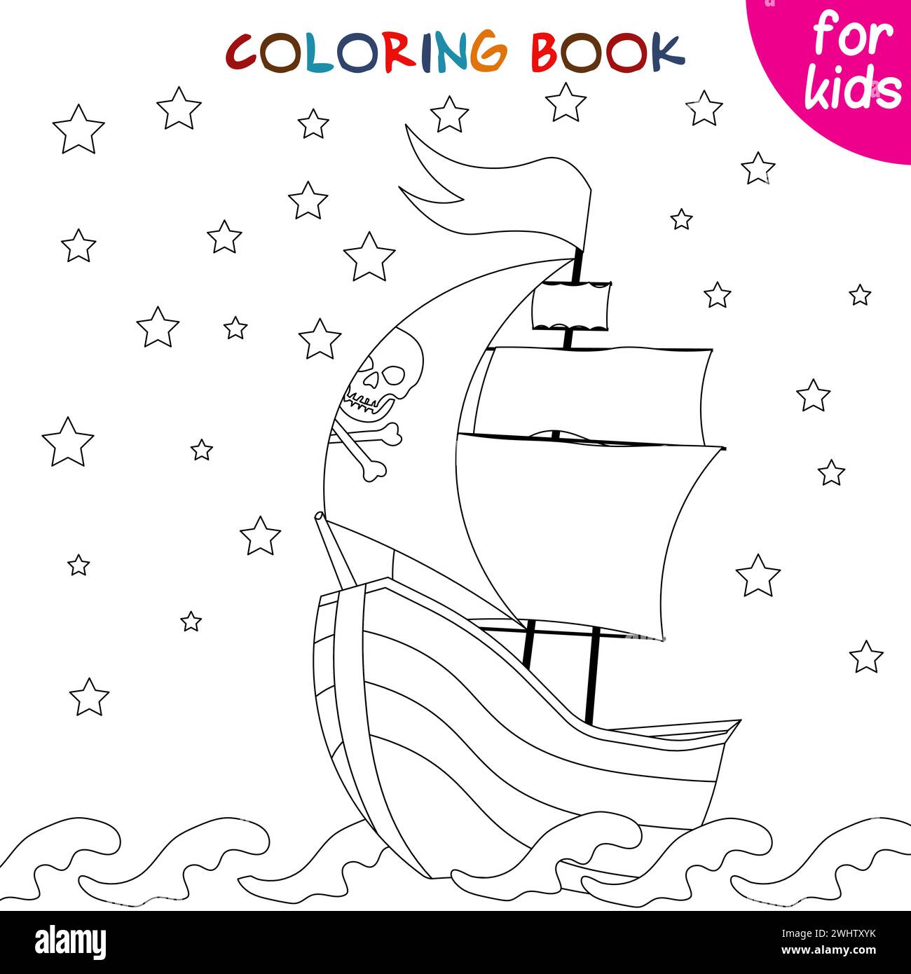 Pirate adventure. Pirate ship on the waves at night. Coloring book page ...