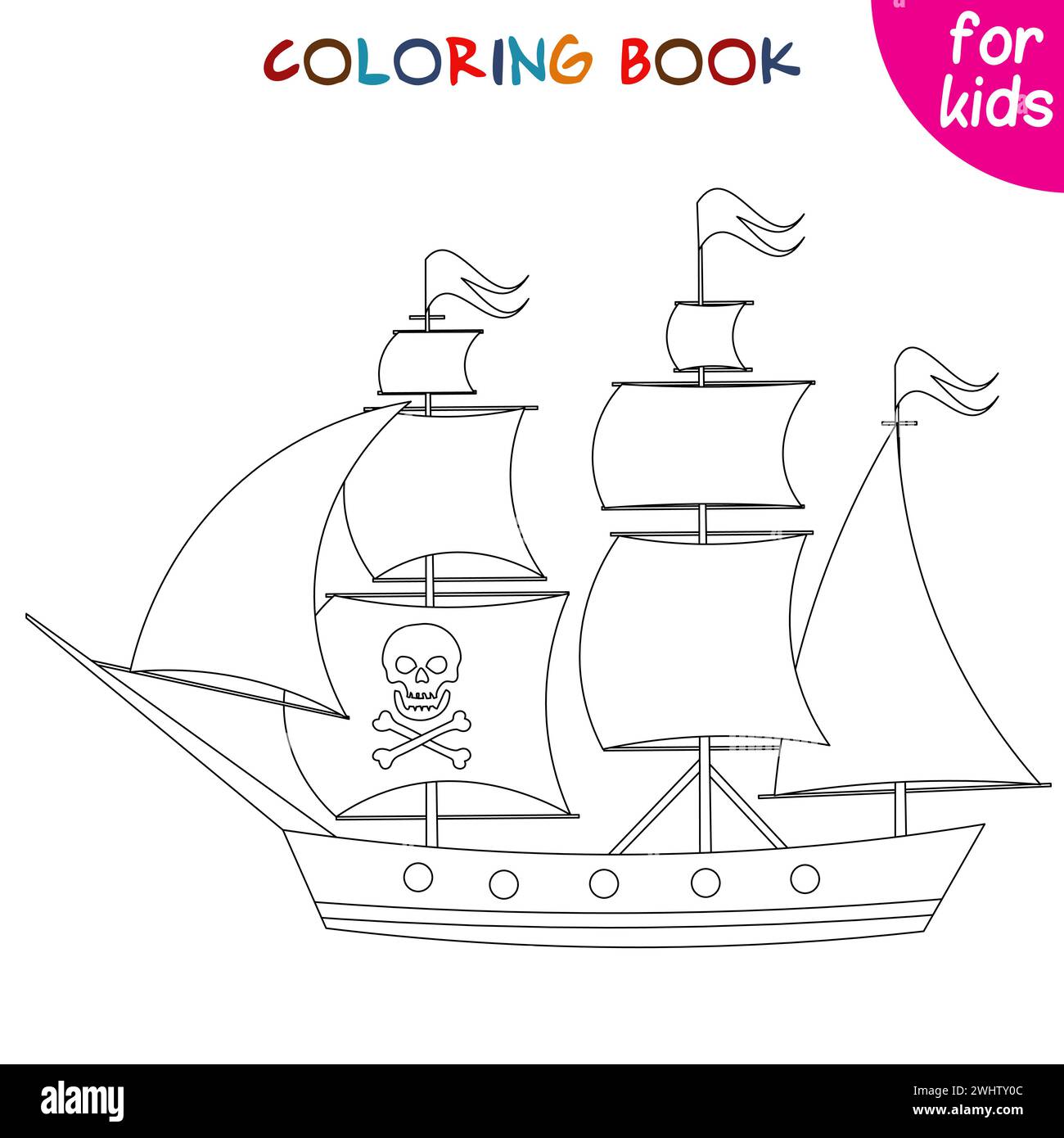 Pirate adventure. Pirate frigate. Coloring book page template for ...