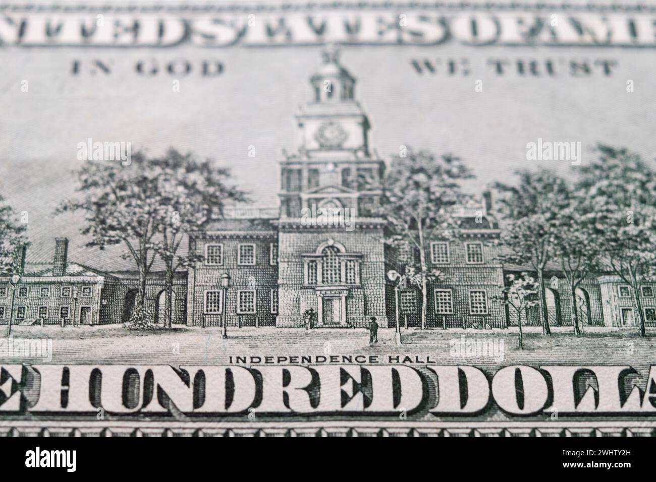 Facade of Independence Hall on 100 banknote extreme close-up Stock ...