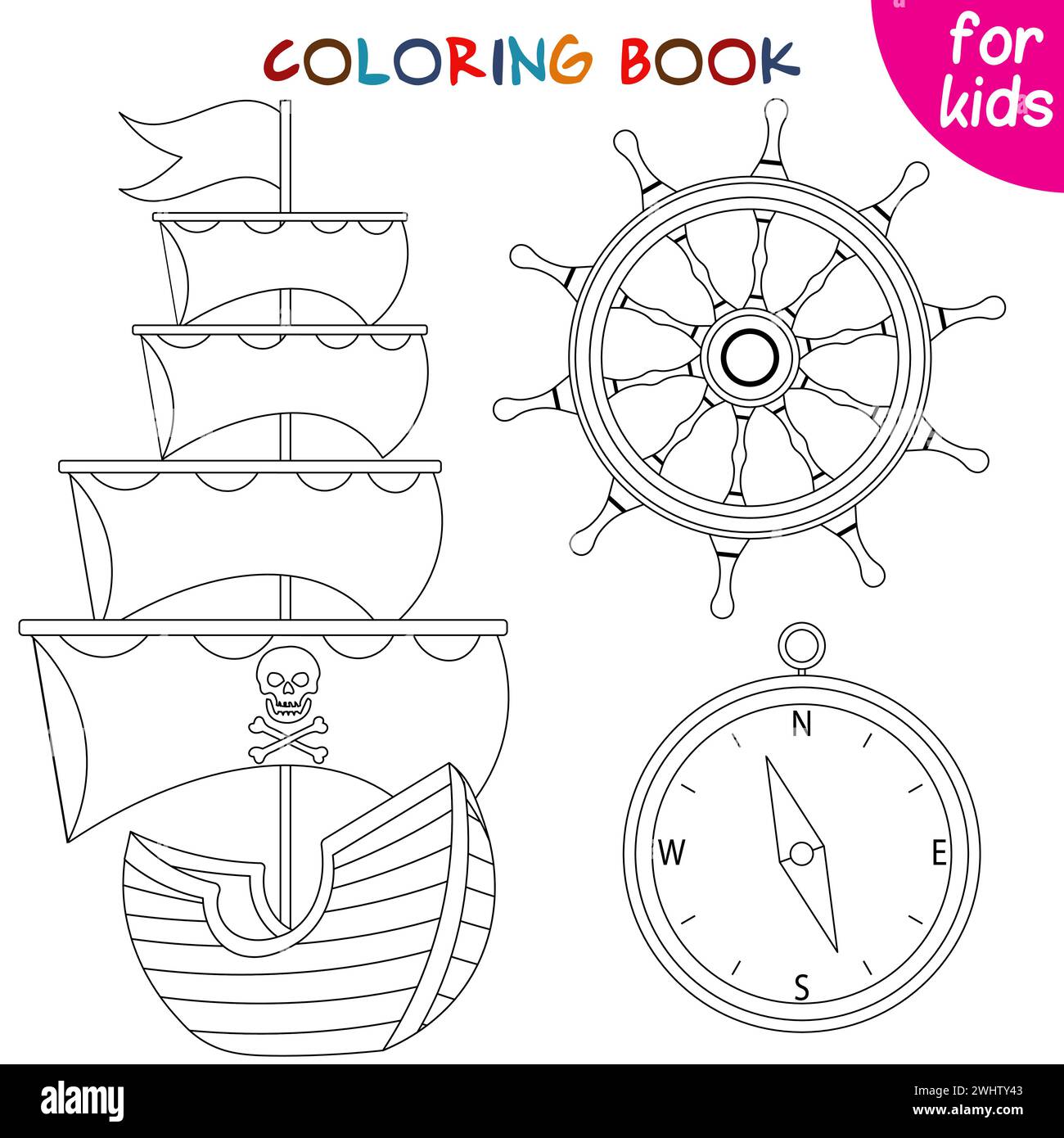 Pirate adventure. Pirate ship, compass and steering wheel. Coloring ...