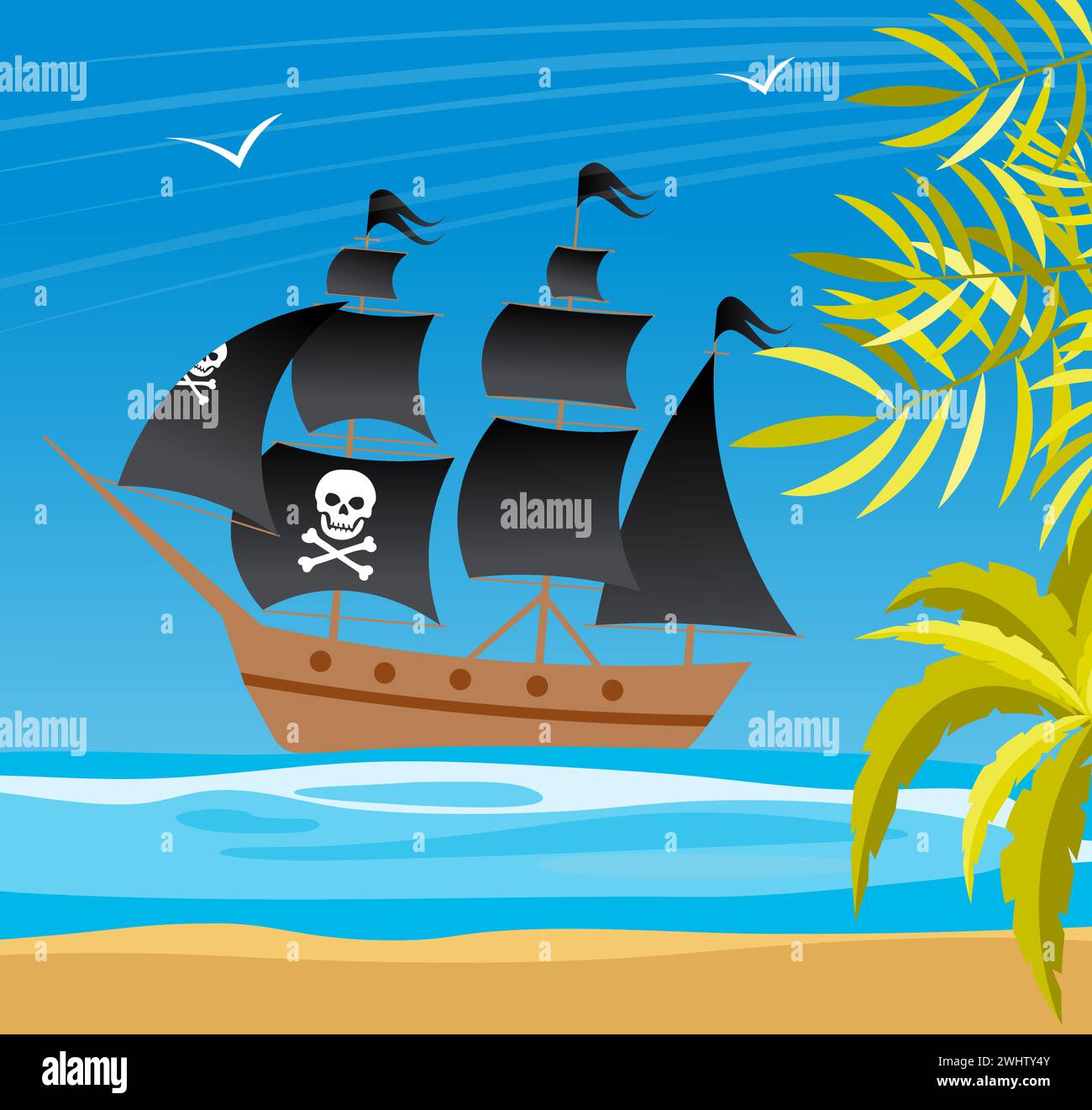 Pirate adventure. A pirate ship sails along a tropical island. Pirates ...