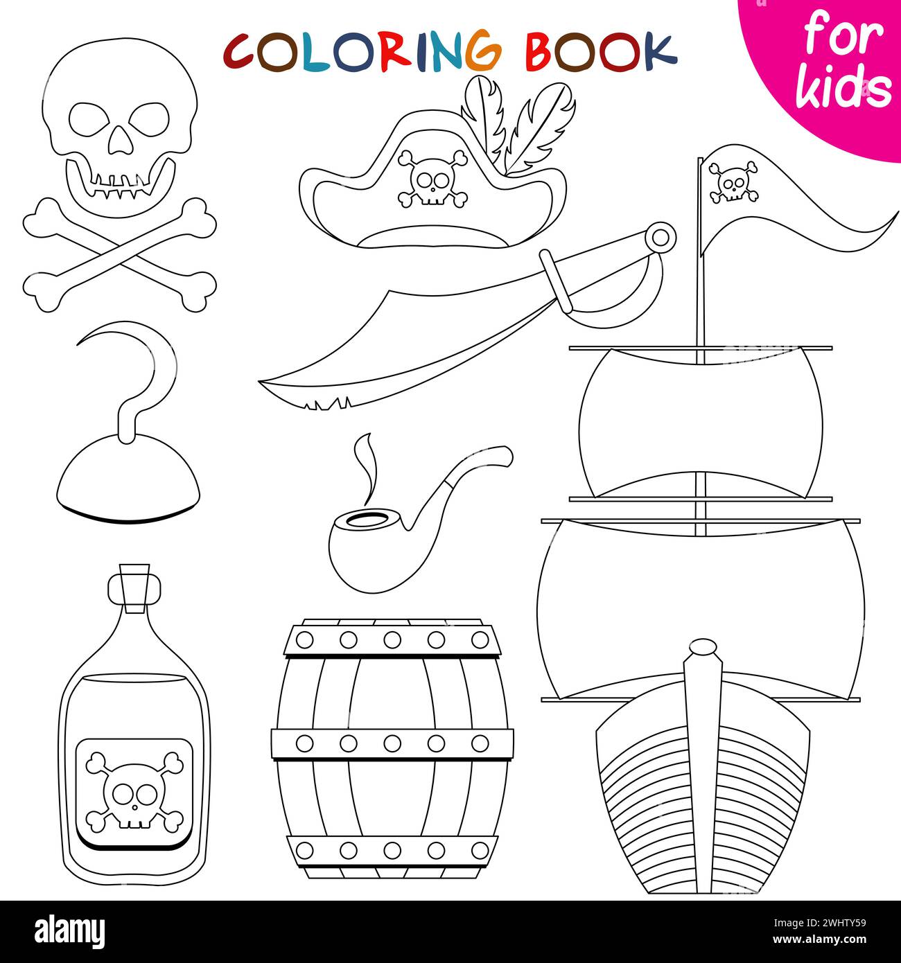 Pirate adventure. Set of different pirate items. Coloring book page ...