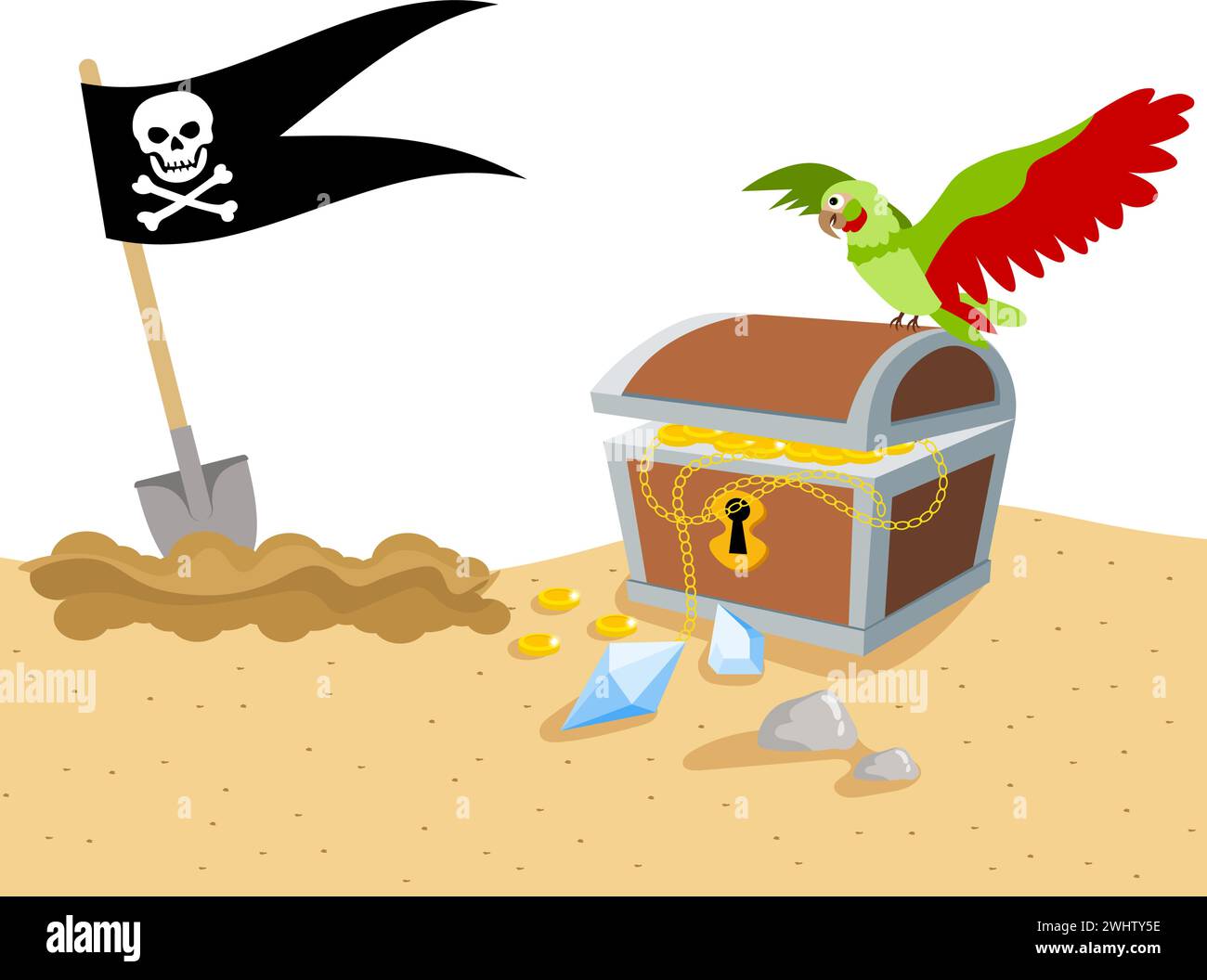 Pirate adventure. Treasure chest, parrot and pirate flag on the island ...