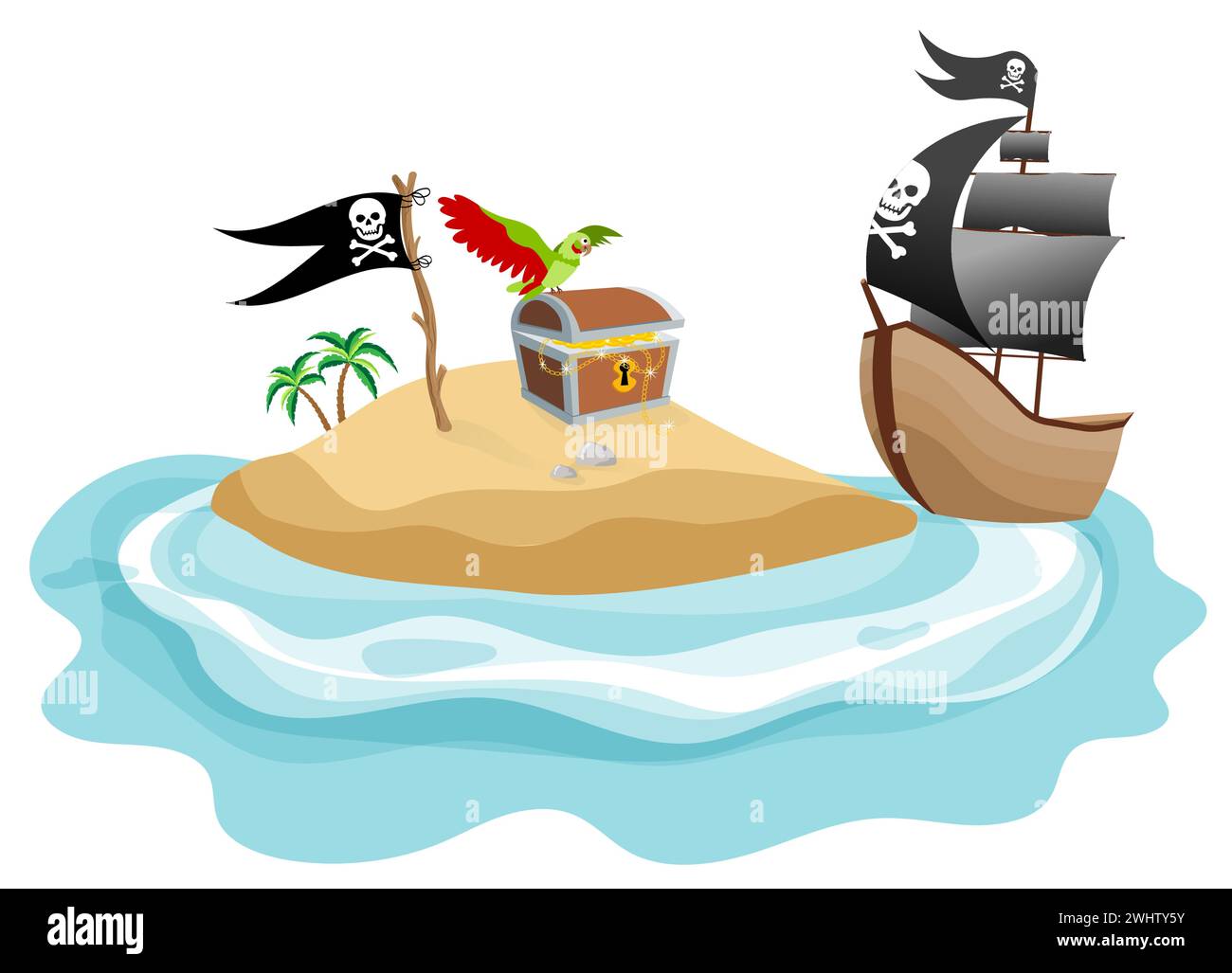 Pirate adventure. A pirate ship near an island with a chest and a ...