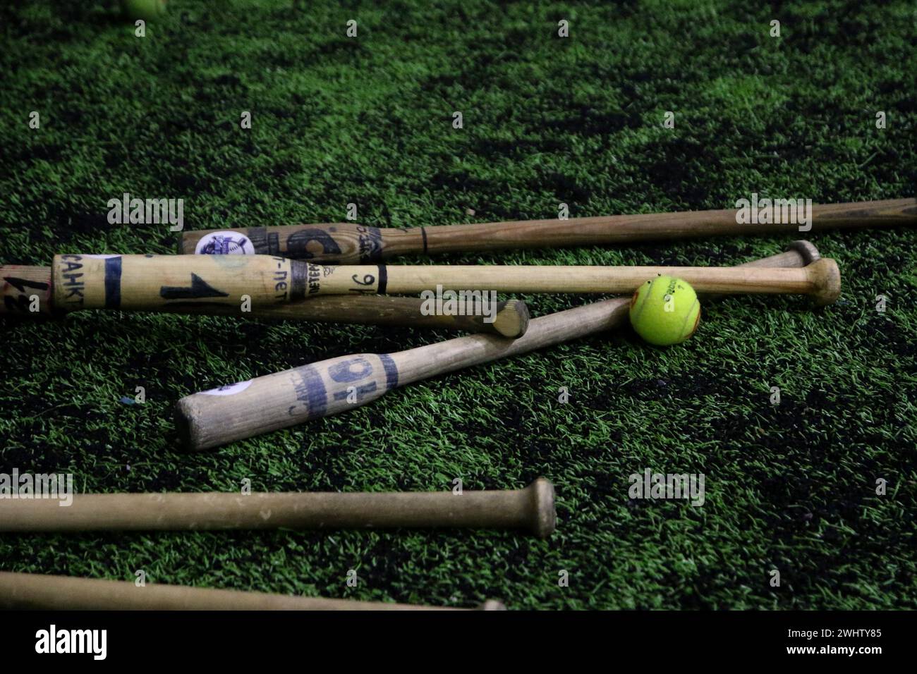 Saint Petersburg, Russia. 11th Feb, 2024. Baseball bats and balls lie ...