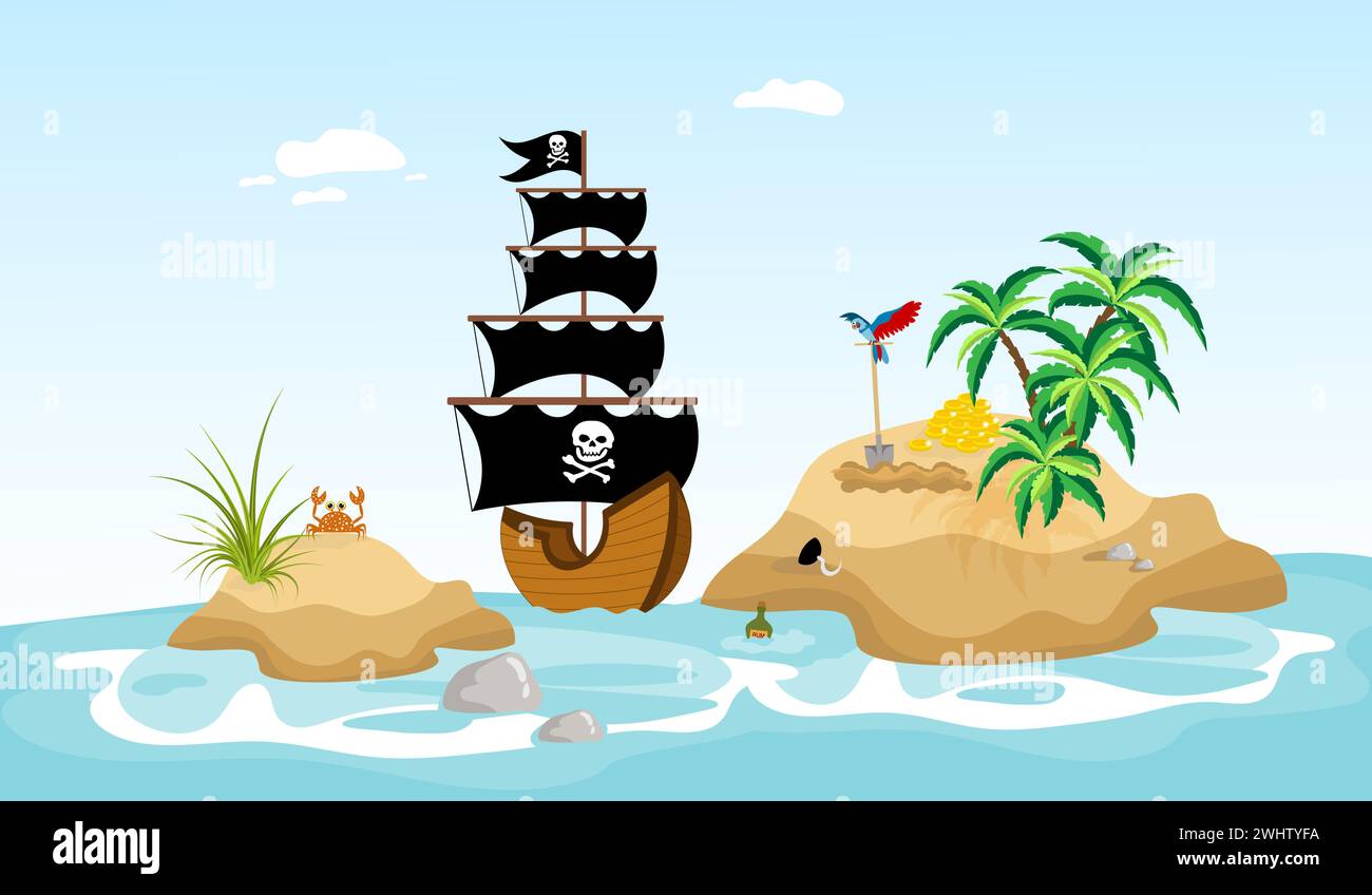 Pirate adventure. A pirate ship sails between two islands. Pirates ...