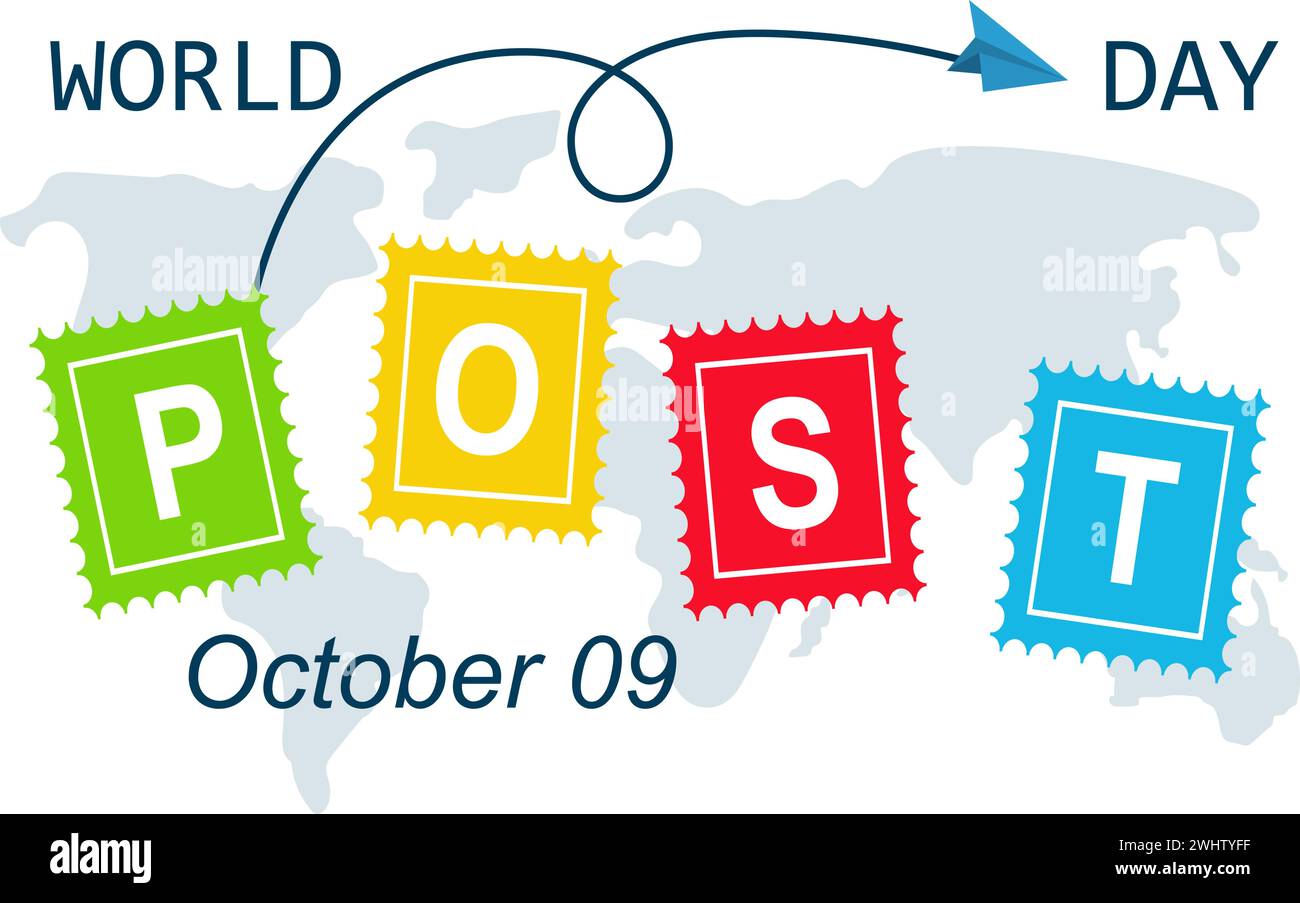 World Post Day. World map, stamps and plane. Mail delivery. Poster ...