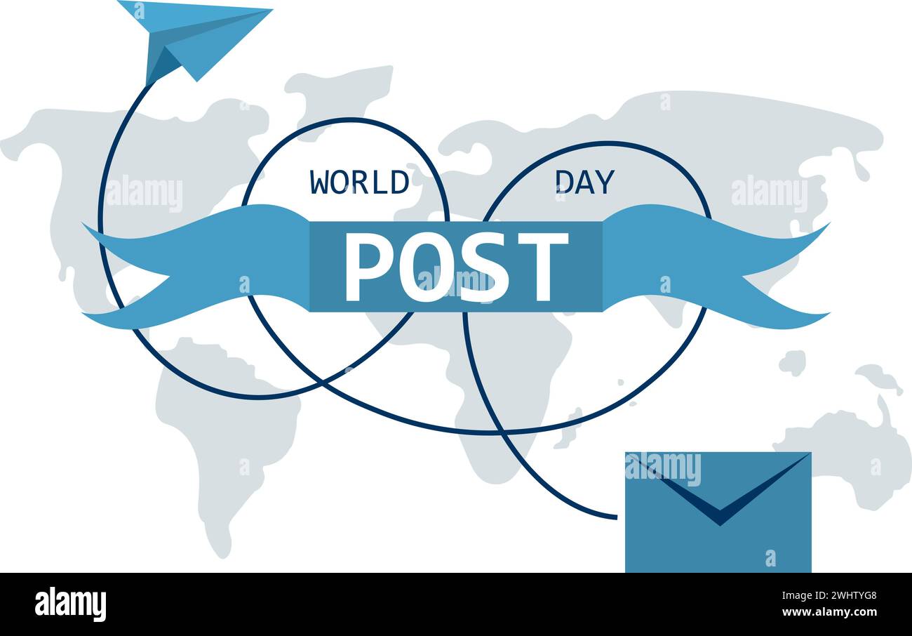 World Post Day. World map, ribbon and plane. Mail delivery. Poster ...