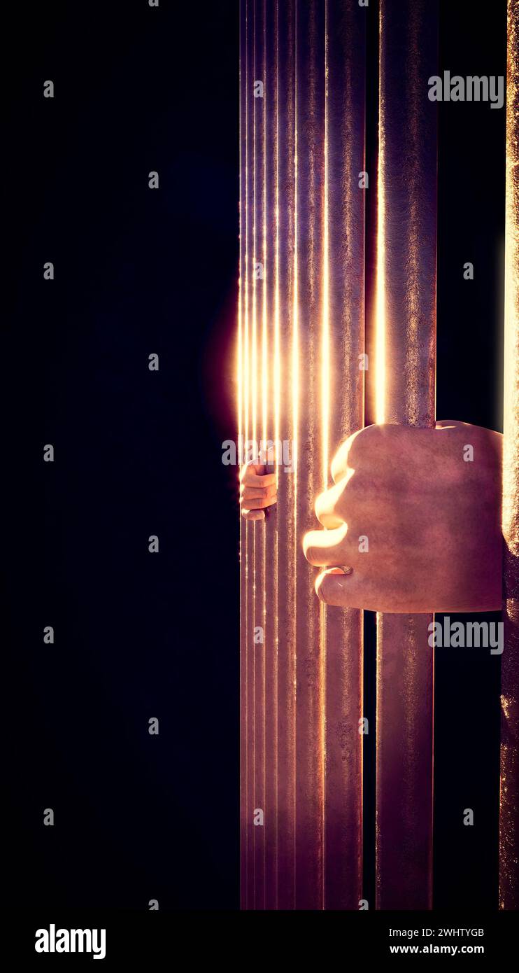 Detention, imprisonment. Prison cell and hands holding the bars. 3d ...