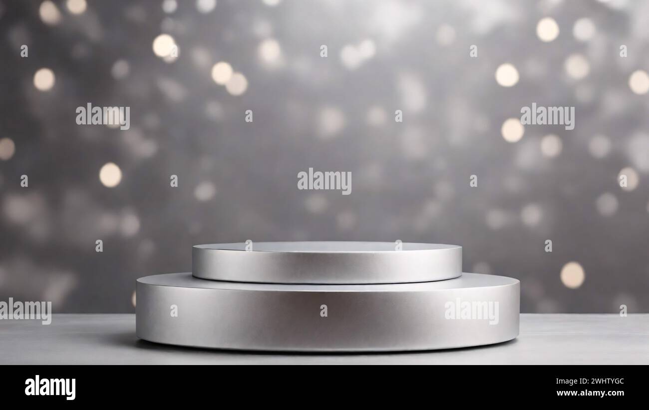 Silver podium on gray background with bokeh effect. 3d render Stock ...