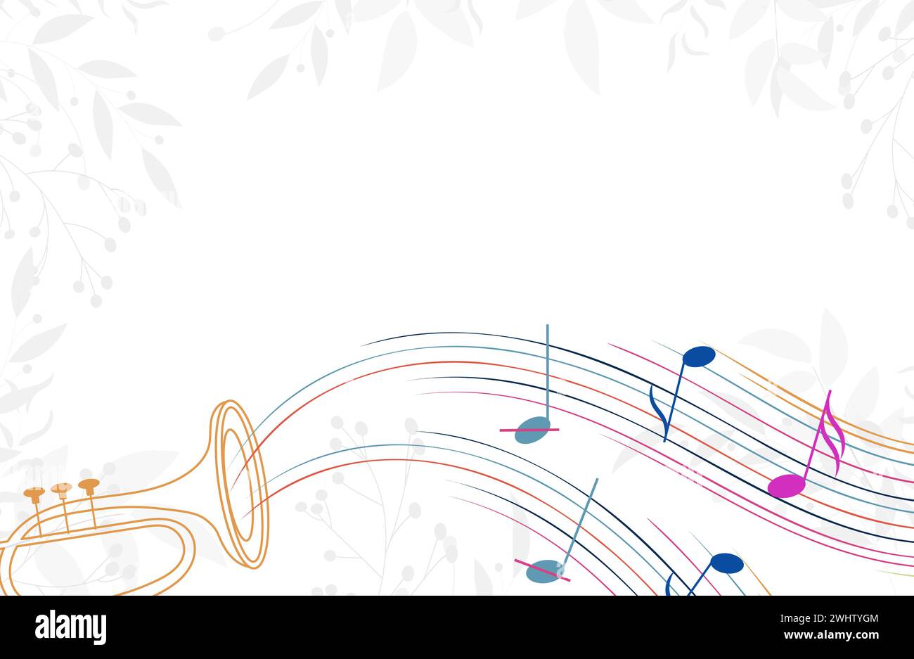 Music Design. Musical wave and trumpet on a background with leaves. For ...