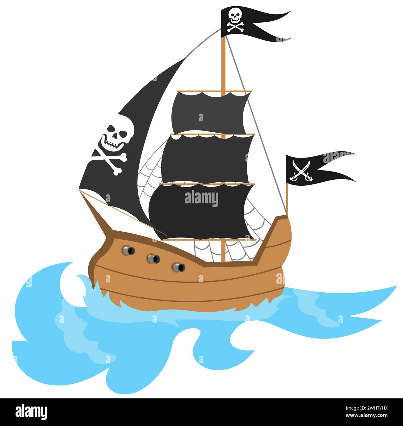 Pirate adventure. A pirate ship with a parrot floats on the waves ...