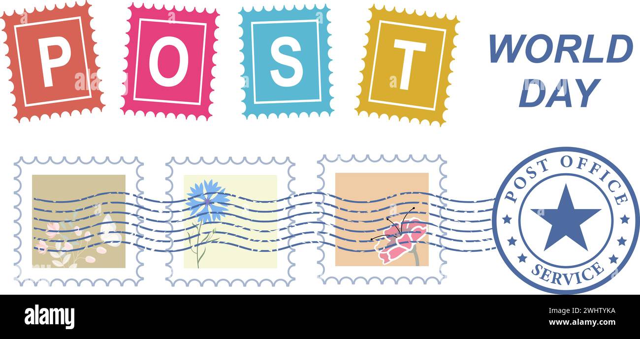 World Post Day. Stamp and stamps. Mail delivery. Poster, banner. Vector ...