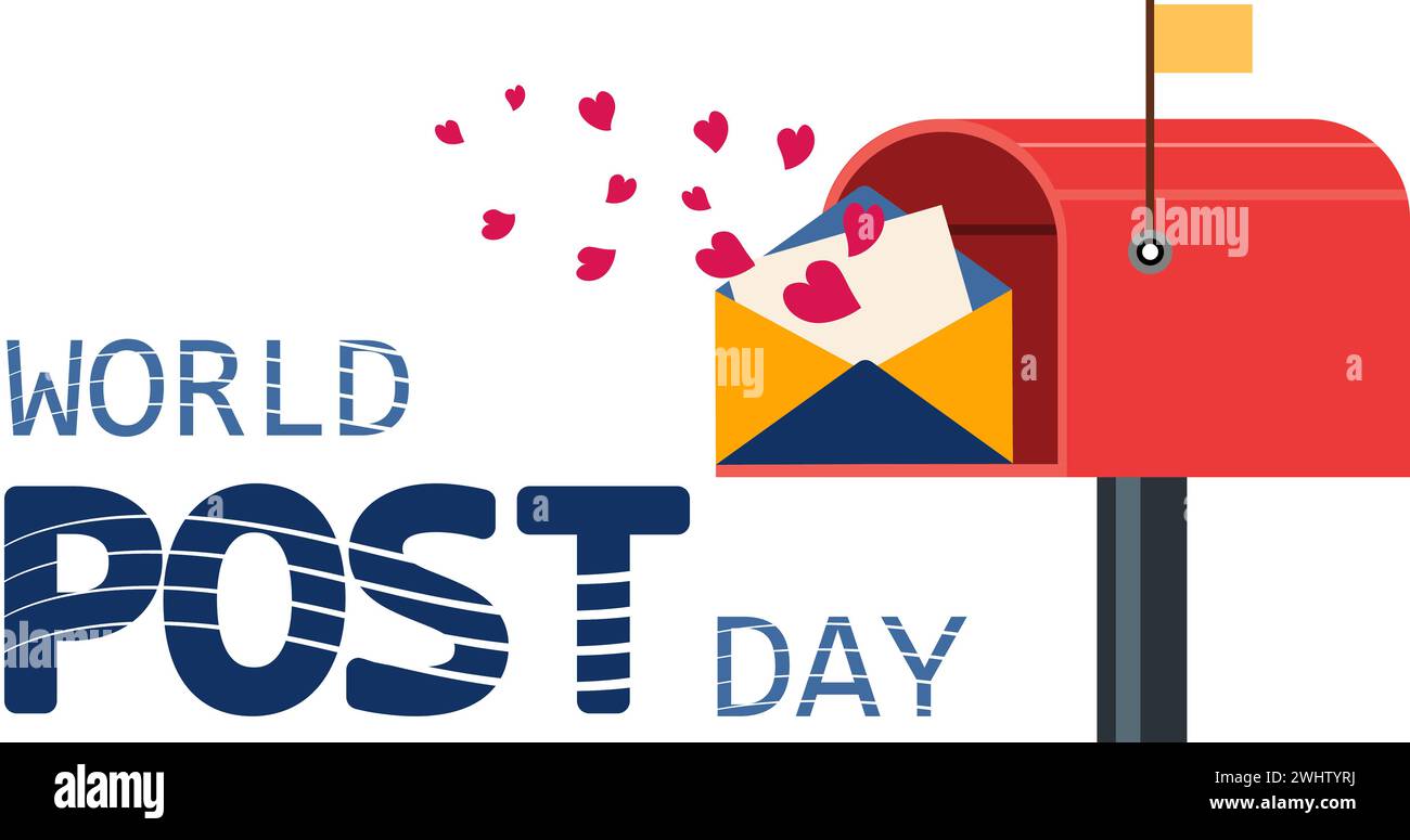 World Post Day. Mailbox and envelope with hearts. Mail delivery. Poster ...