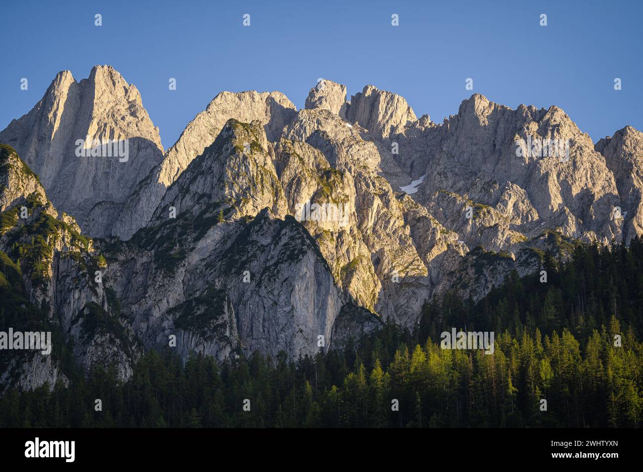 Amazing view to peaks of huge mountains around Dachstein. Alpine peaks ...