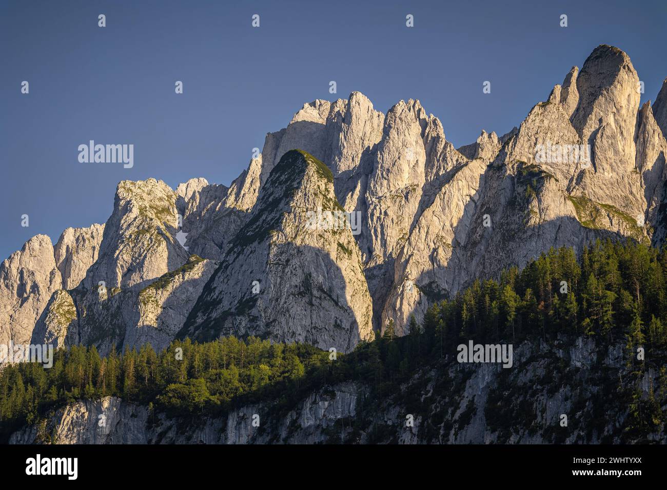 Amazing view to peaks of huge mountains around Dachstein. Alpine peaks ...