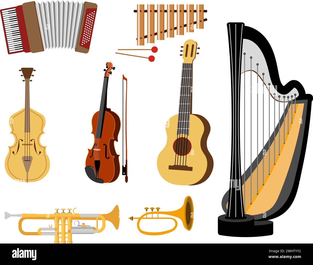 Musical instruments. Harp, xylophone, guitar, violin, trumpet ...
