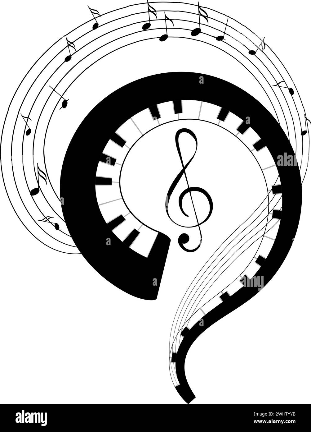 Musical instruments. Piano keyboard with musical wave and treble clef ...