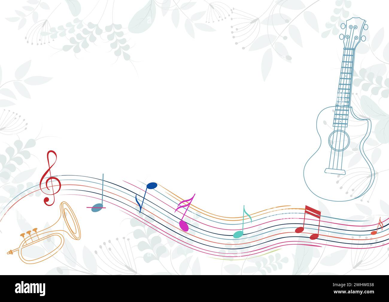 Music Design. Trumpet and guitar with musical wave and leaves. For ...