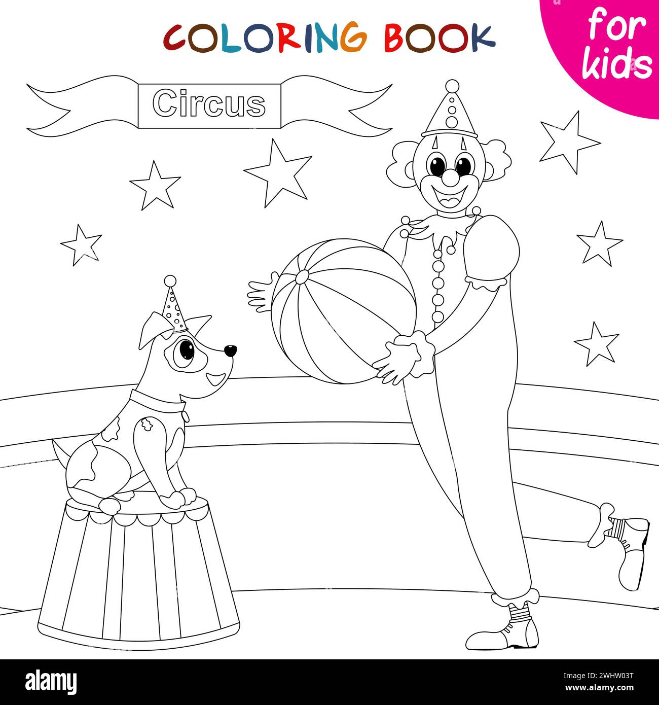 Circus characters. Clown and dog in the circus arena. Editable vector ...