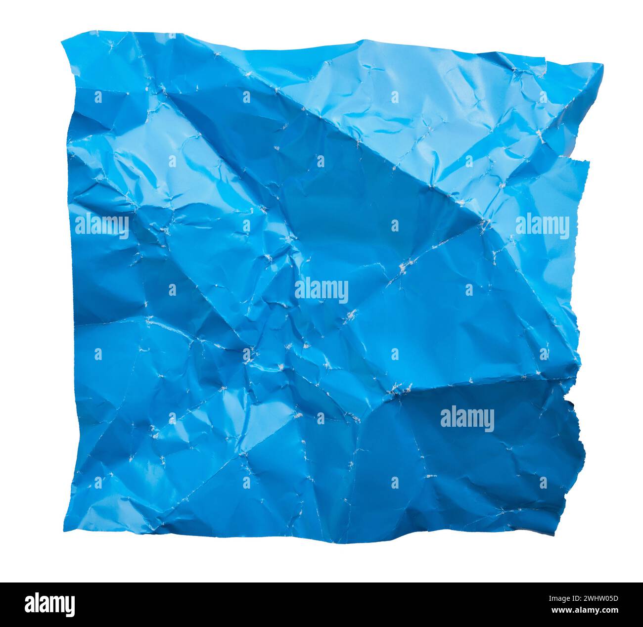 Blue crumpled paper with folds texture cut out on white background ...